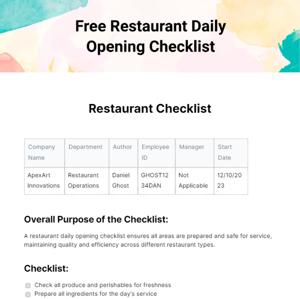 Restaurant Daily Opening Checklist - Edit Online & Download Example