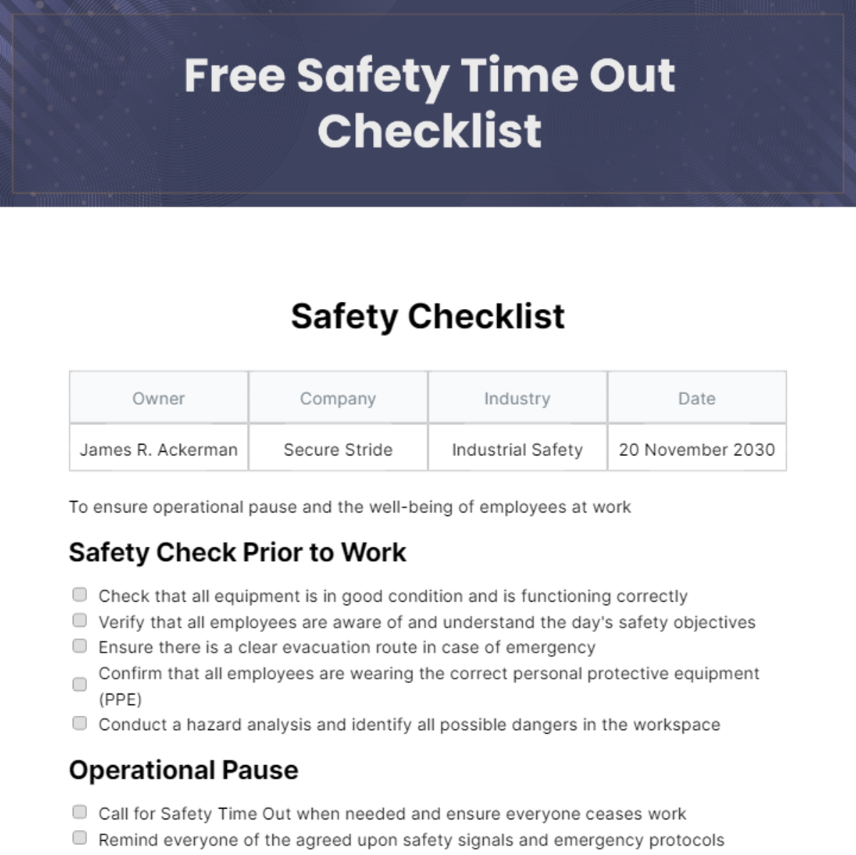 FREE Safety Checklist - Edit Online & Download | Template.net