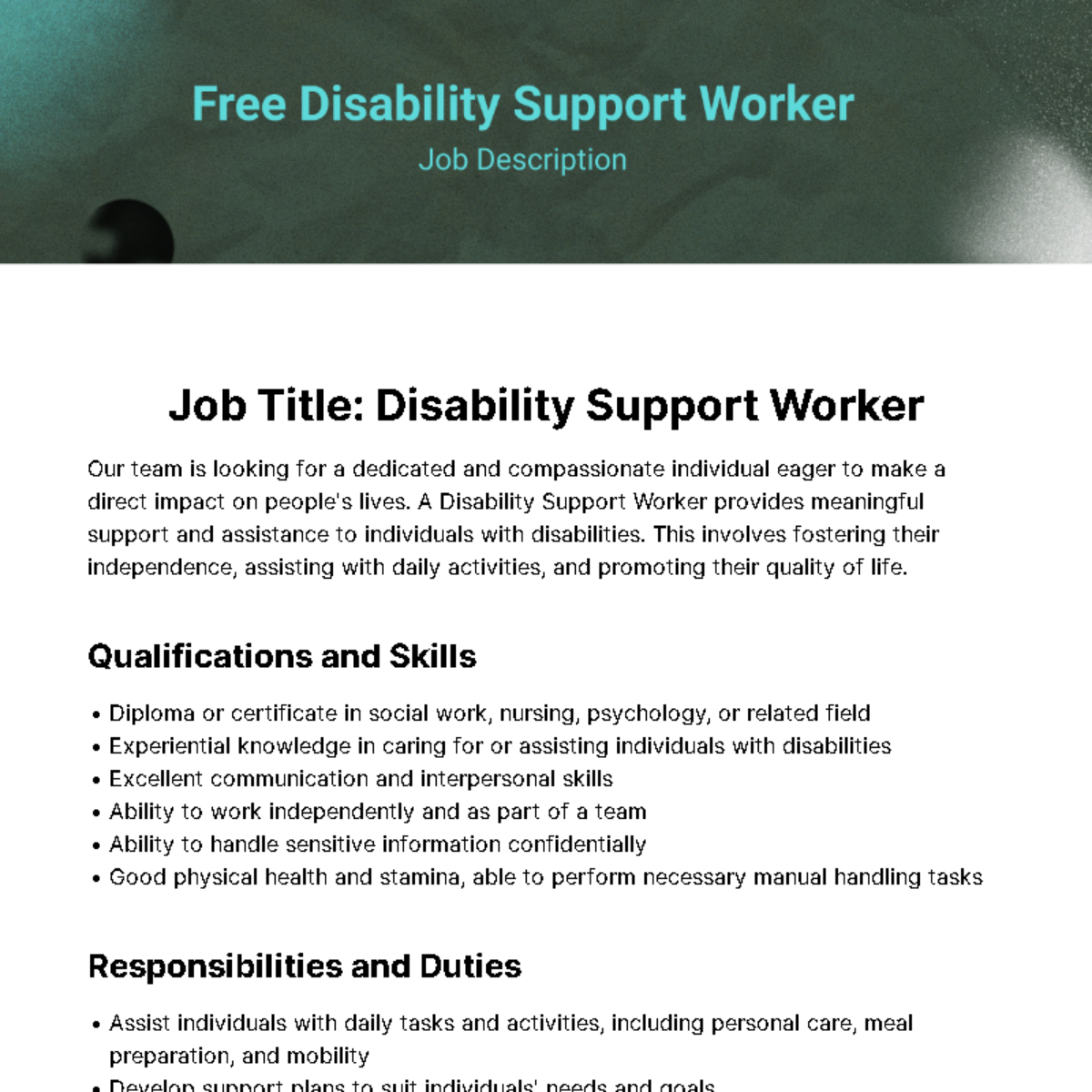 Free Disability Support Worker Job Description Template To Edit Online