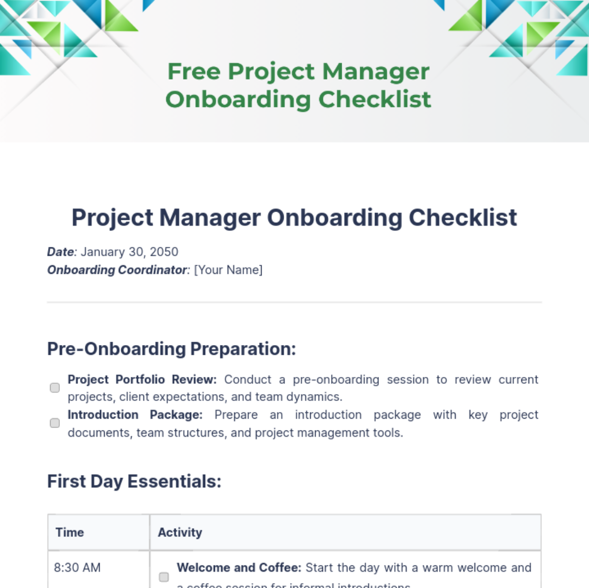 Project Manager Onboarding Checklist Template - Edit Online & Download ...