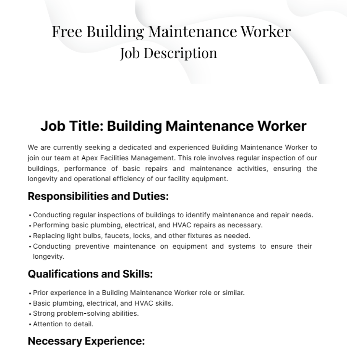 Building Maintenance Worker Job Description Template Edit Online