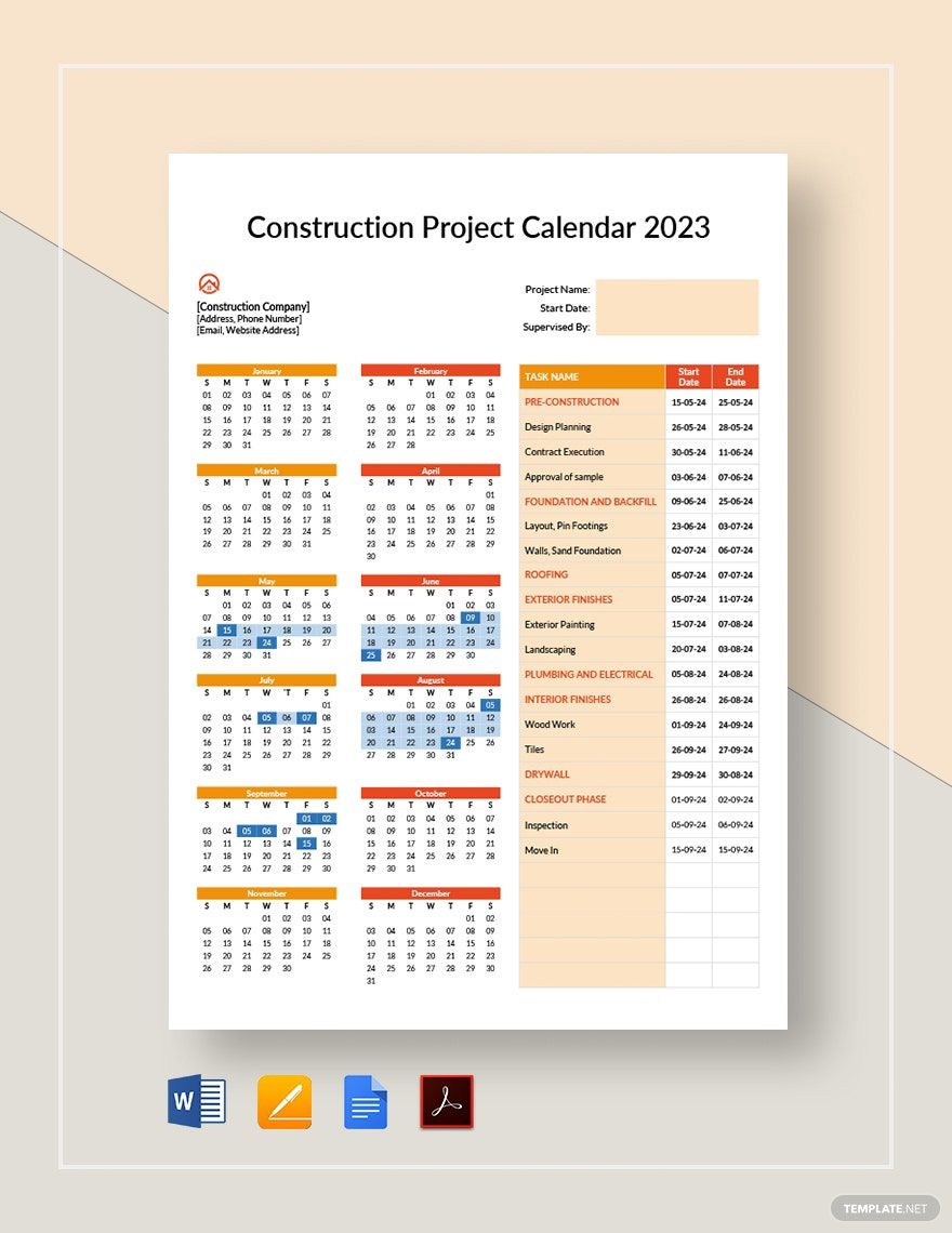 Construction Project Calendar Template In Word Pages Google Docs PDF Construction Project Calendar Template In Word Pages Google Docs PDF