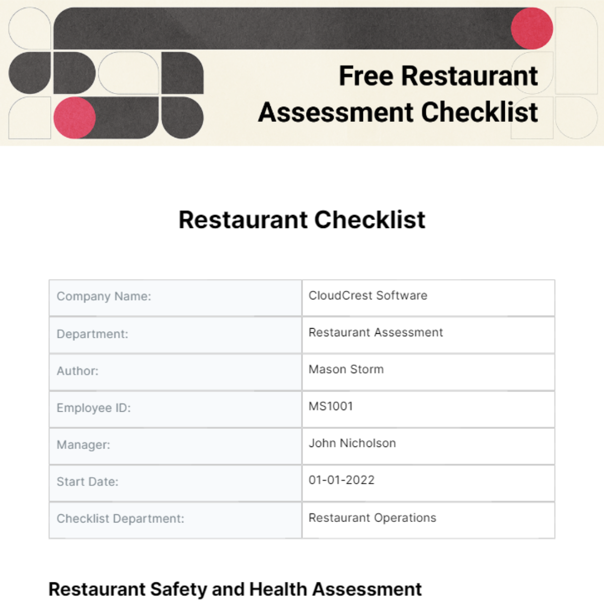 Free Restaurant Assessment Checklist - Edit Online & Download ... Free Restaurant Assessment Checklist - Edit Online & Download ...