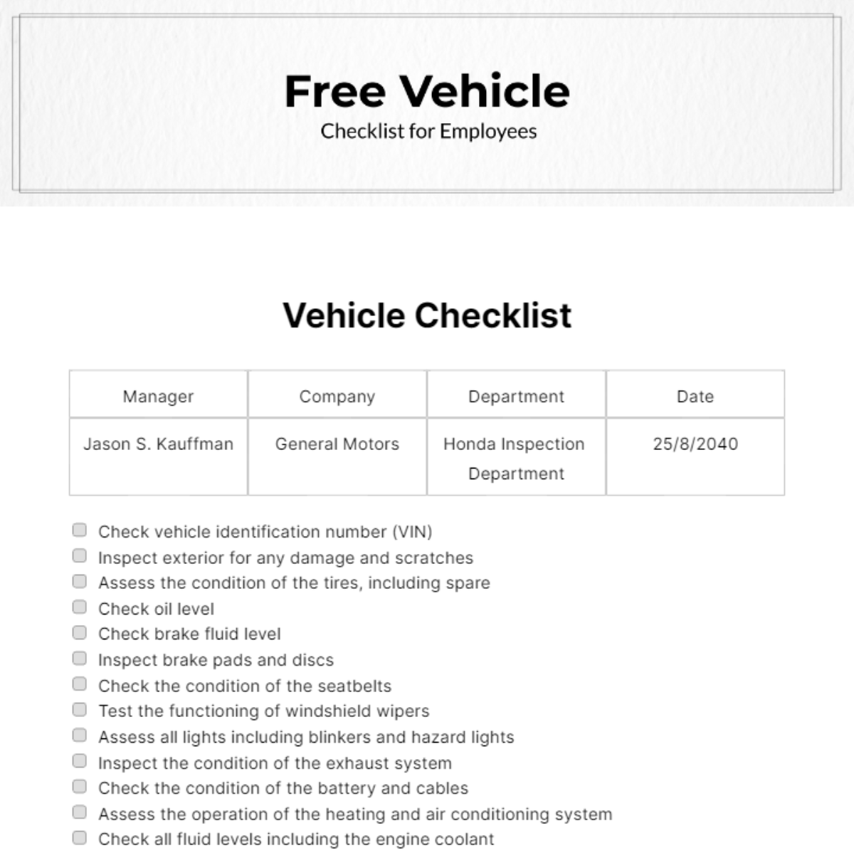 FREE Vehicle Checklist Templates & Examples - Edit Online & Download ...
