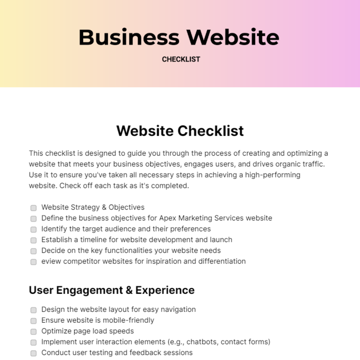 Free Business Website Checklist - Edit Online & Download | Template.net