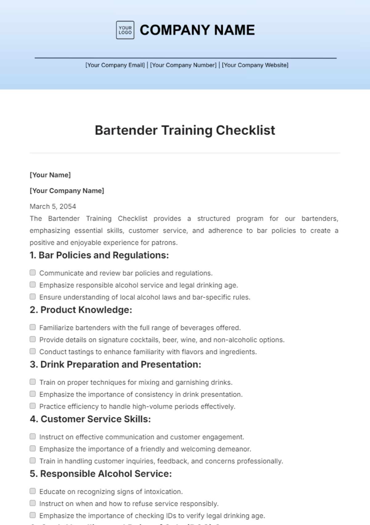 Free Bar Staff Training Template Free Printables Hub