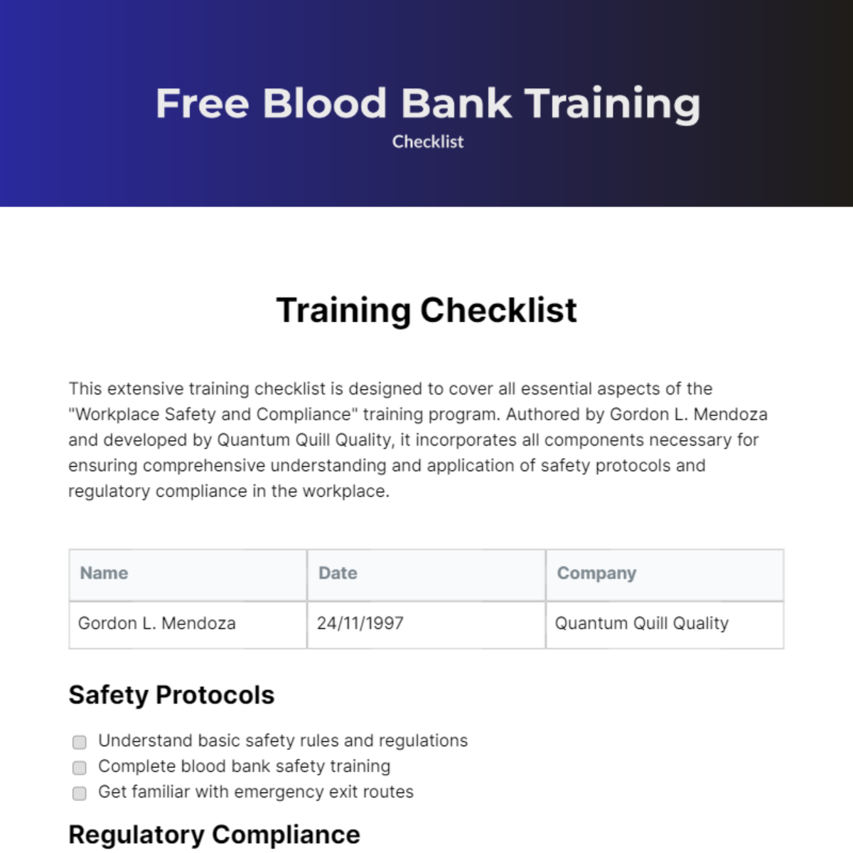 Blood Bank Training Checklist - Edit Online & Download Example