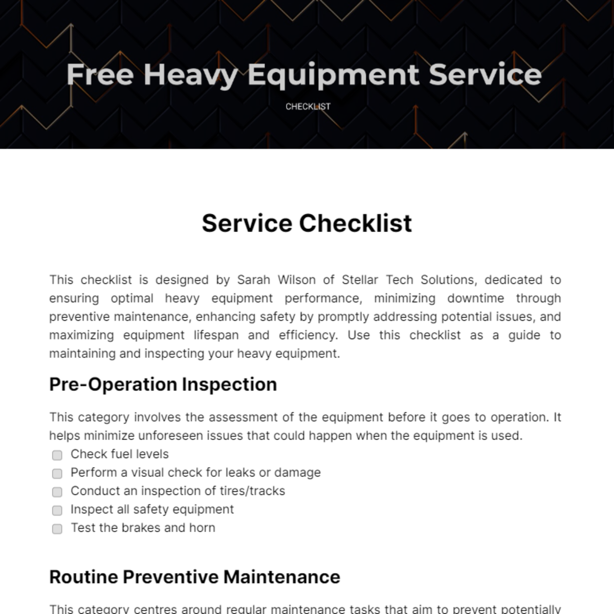 Heavy Equipment Service Checklist - Edit Online & Download Example