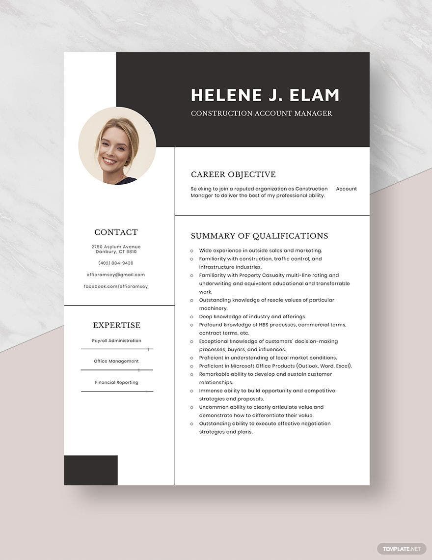 Construction Account Manager Resume Template Word Apple Pages PSD 