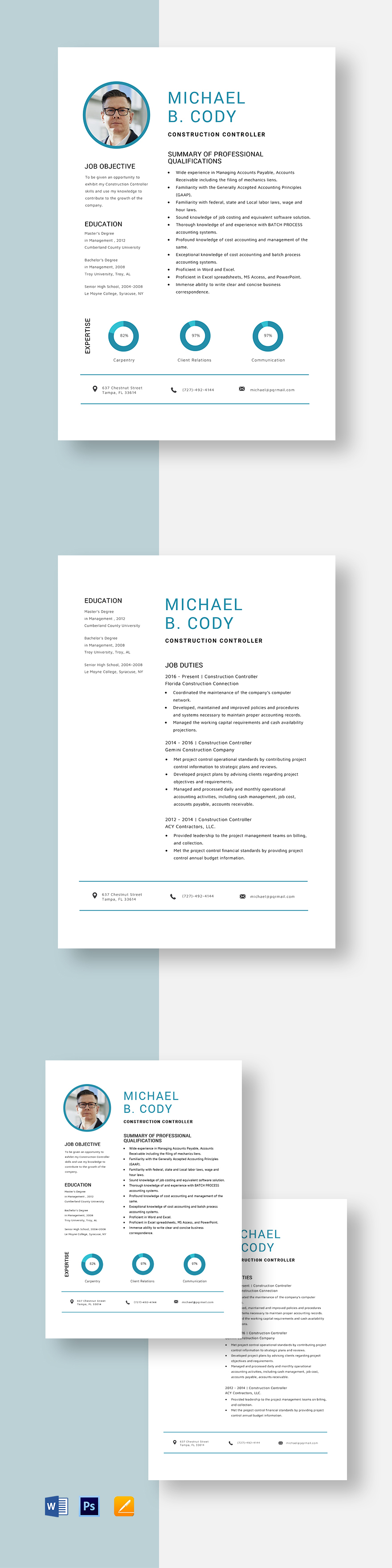 Construction Controller Resume Template Word Apple Pages PSD 