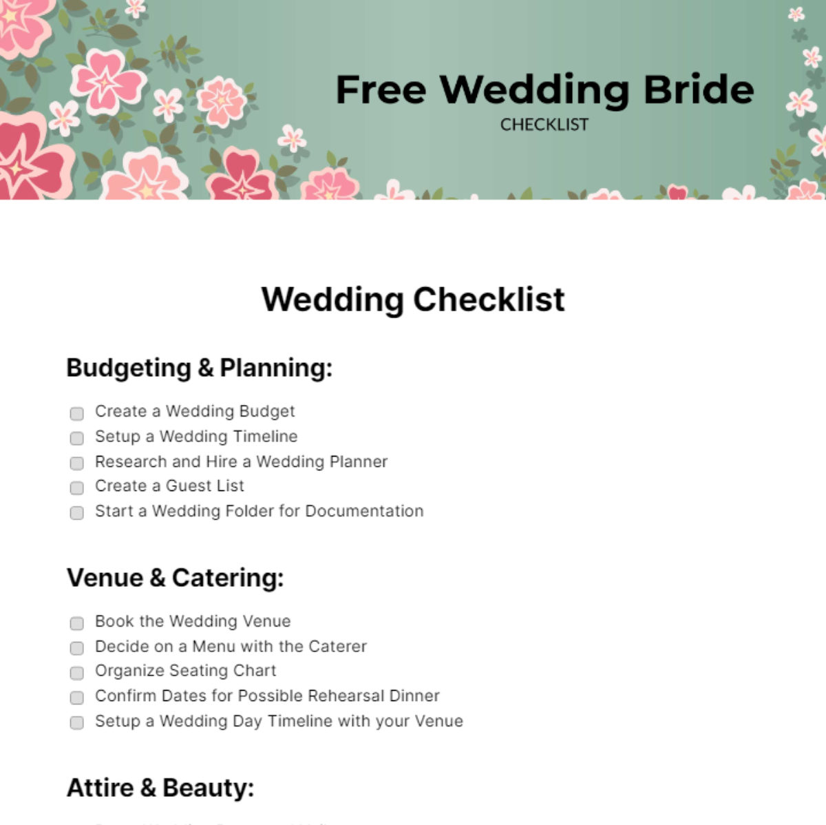 Free Wedding Bride Checklist - Edit Online & Download | Template.net