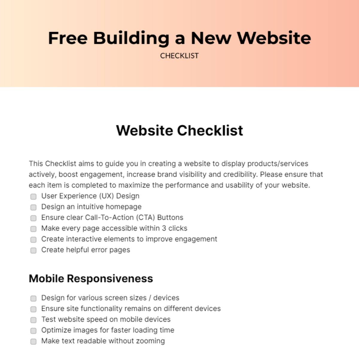 Free Building a New Website Checklist - Edit Online & Download | Template.net