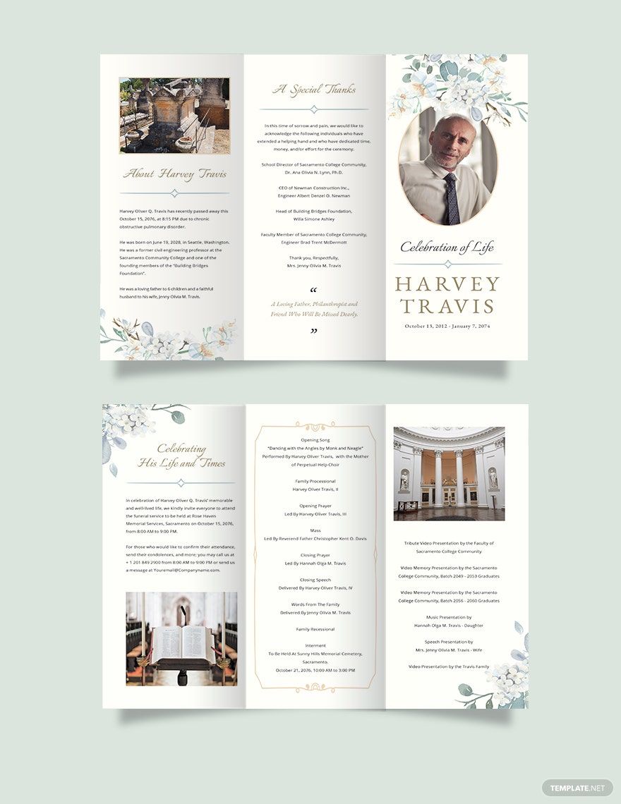 Celebration Of Life Funeral Memorial Tri Fold Brochure Template 