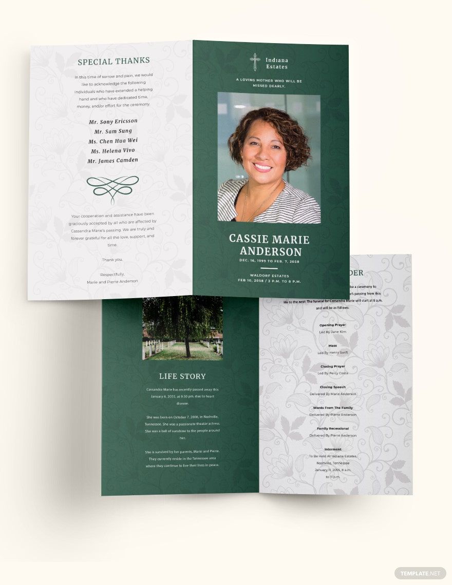 Celebration Of Life Funeral Obituary Bi Fold Brochure Template 