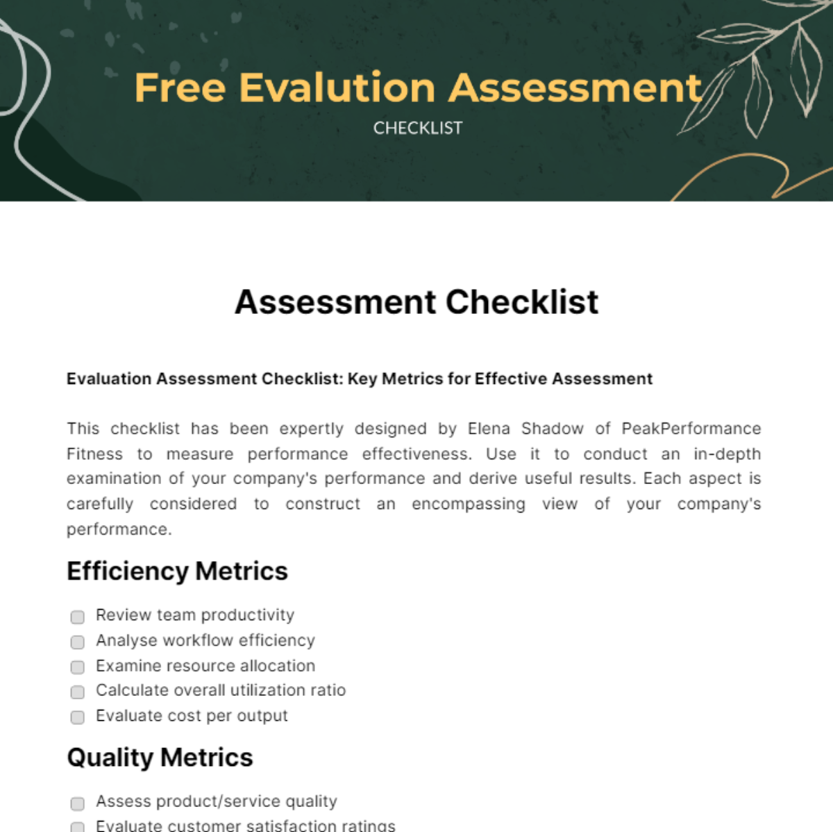 Evalution Assessment Checklist - Edit Online & Download Example