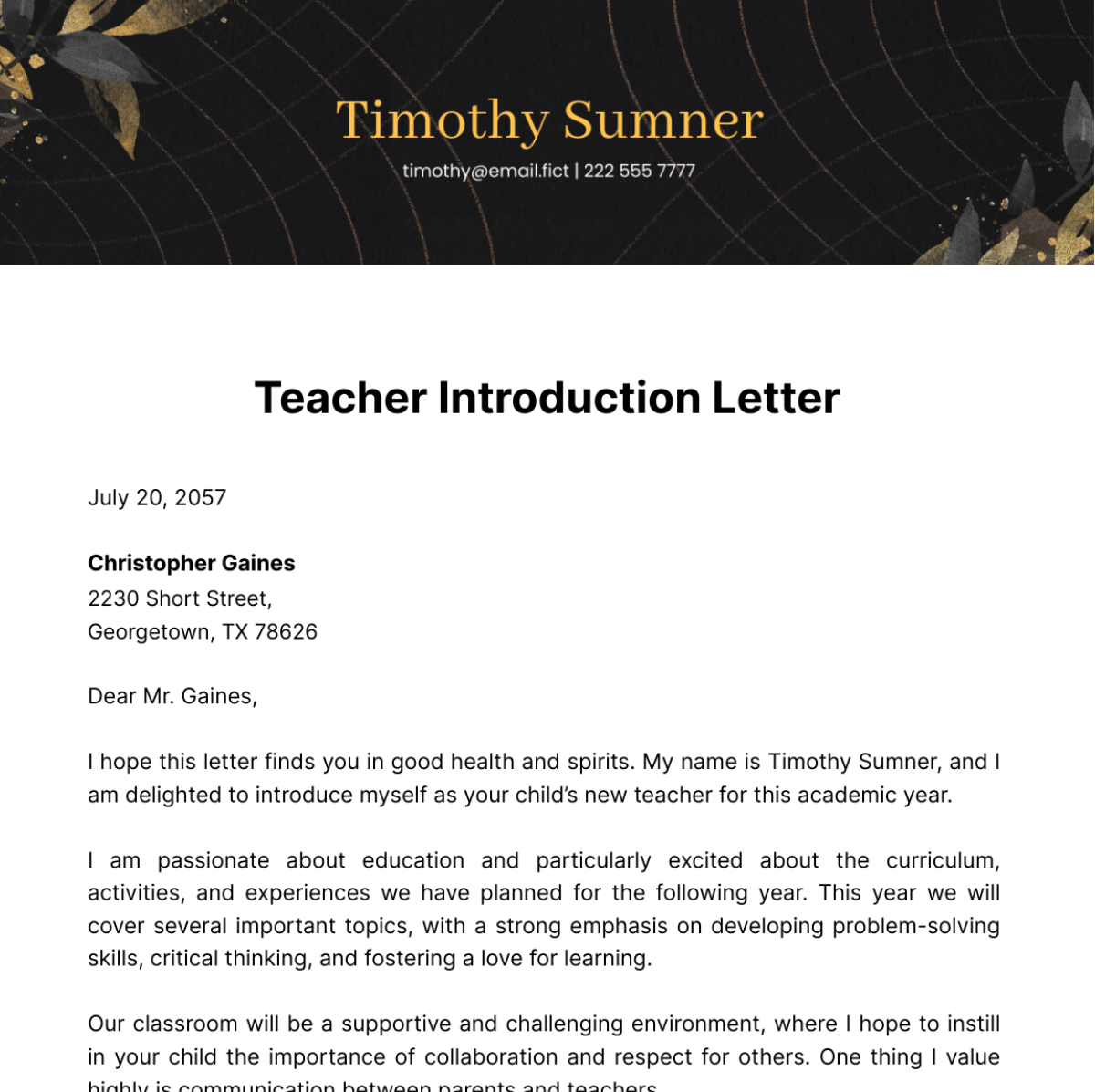 Letter Of Introduction Teacher Template Prntbl