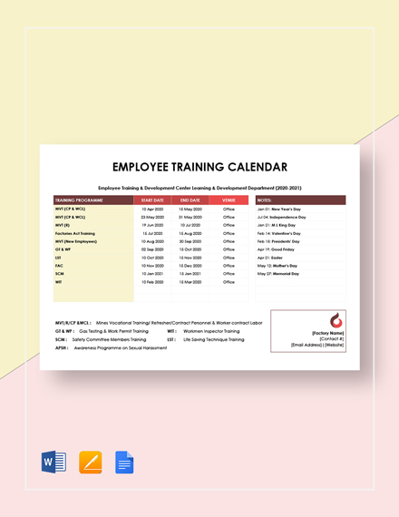 26+ Training Calendar Templates - Sample, Example Format Download