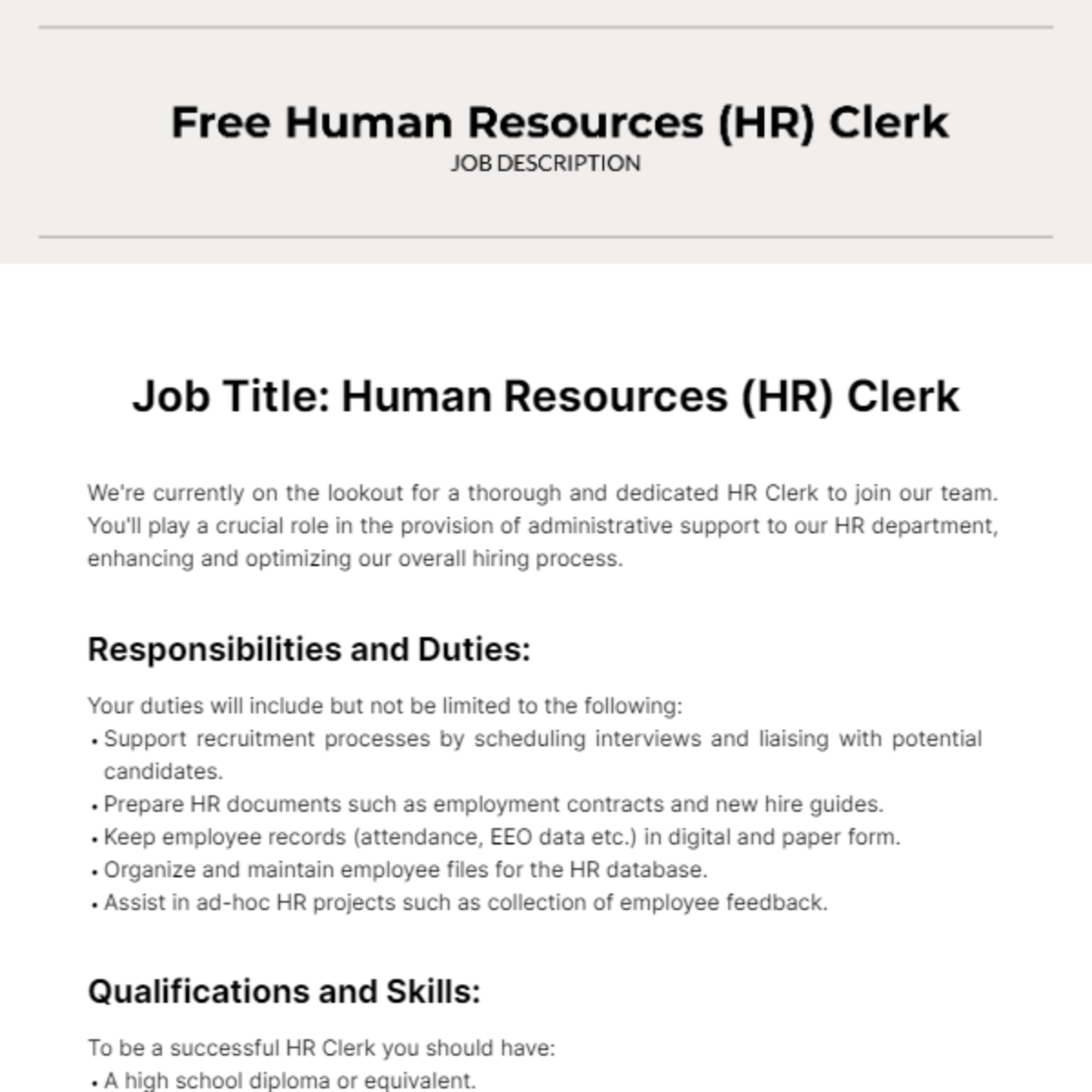 FREE Human Resources HR Job Description Templates Examples Edit