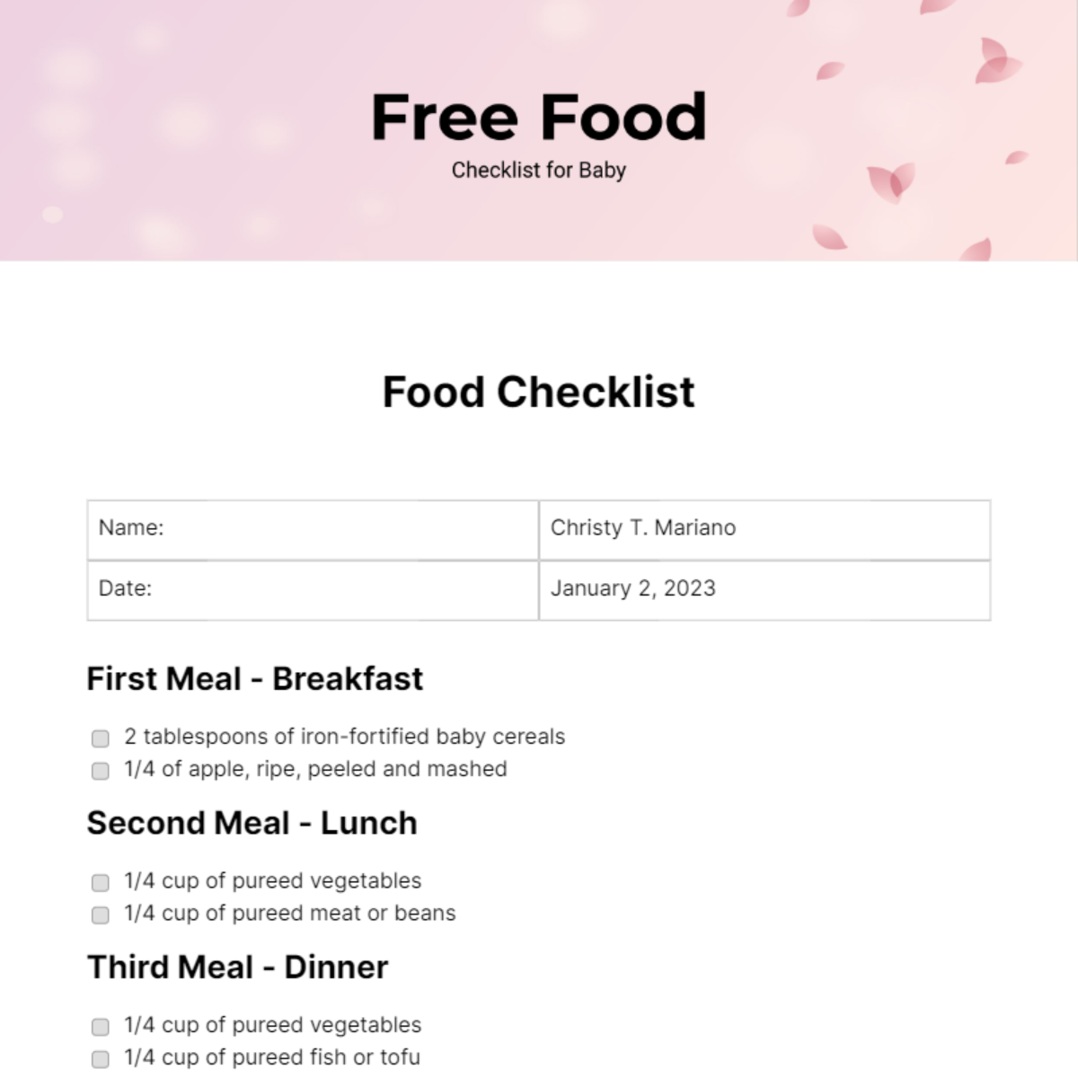 Free Food Checklist for Baby - Edit Online & Download | Template.net