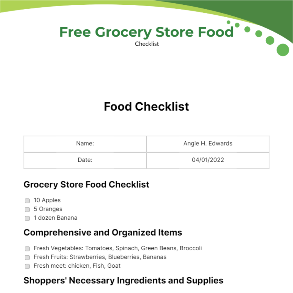 Free Grocery Store Food Checklist - Edit Online & Download | Template.net