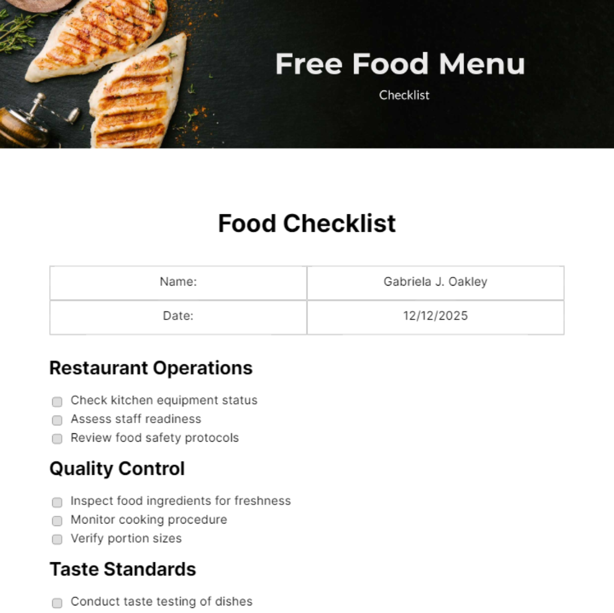 Free Food Menu Checklist - Edit Online & Download | Template.net