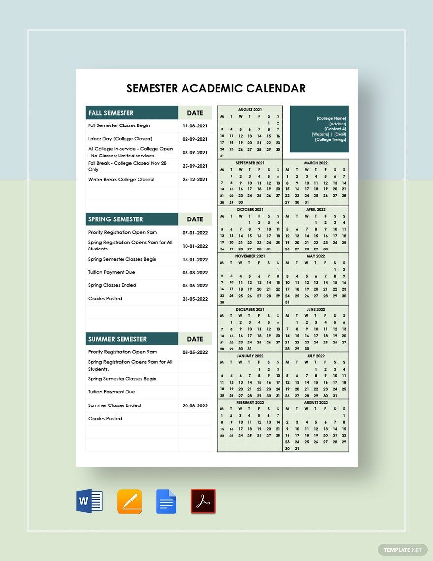 Semester Academic Calendar Template Word Google Docs PDF Apple Pages Template