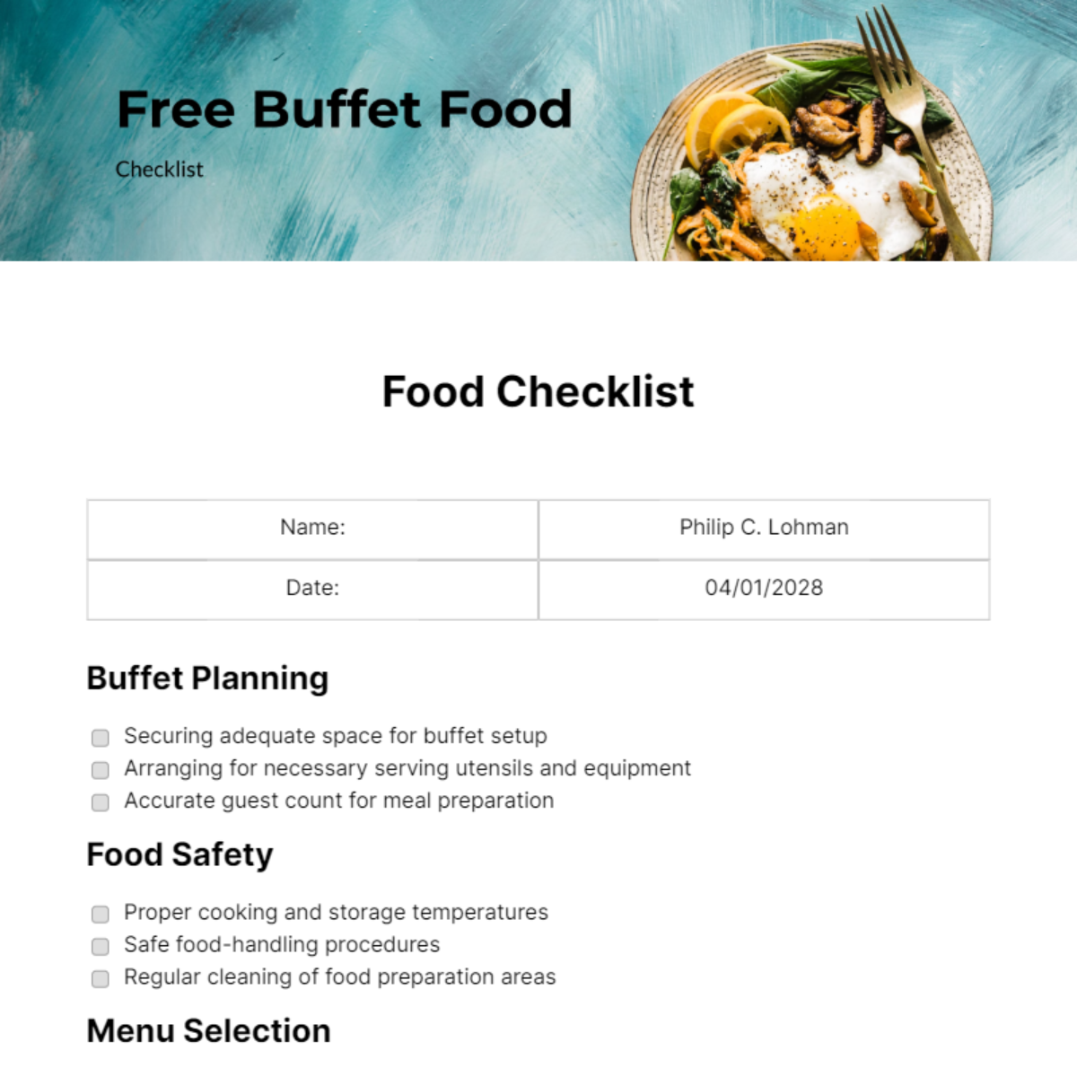 Free Buffet Food Checklist - Edit Online & Download | Template.net