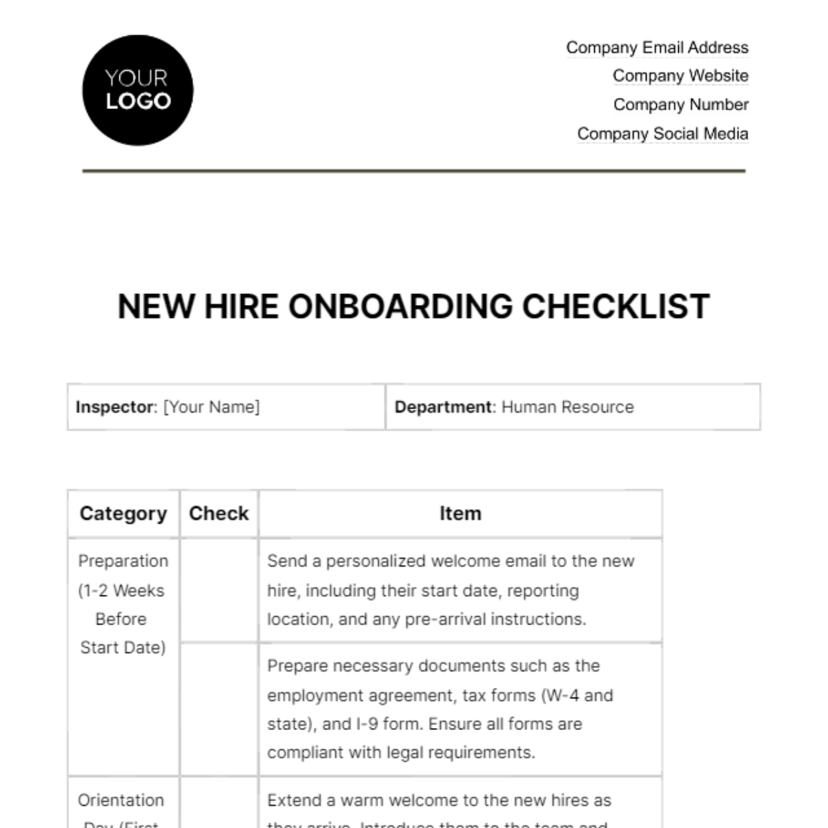 New Hire Onboarding Checklist HR Template Edit Online Download