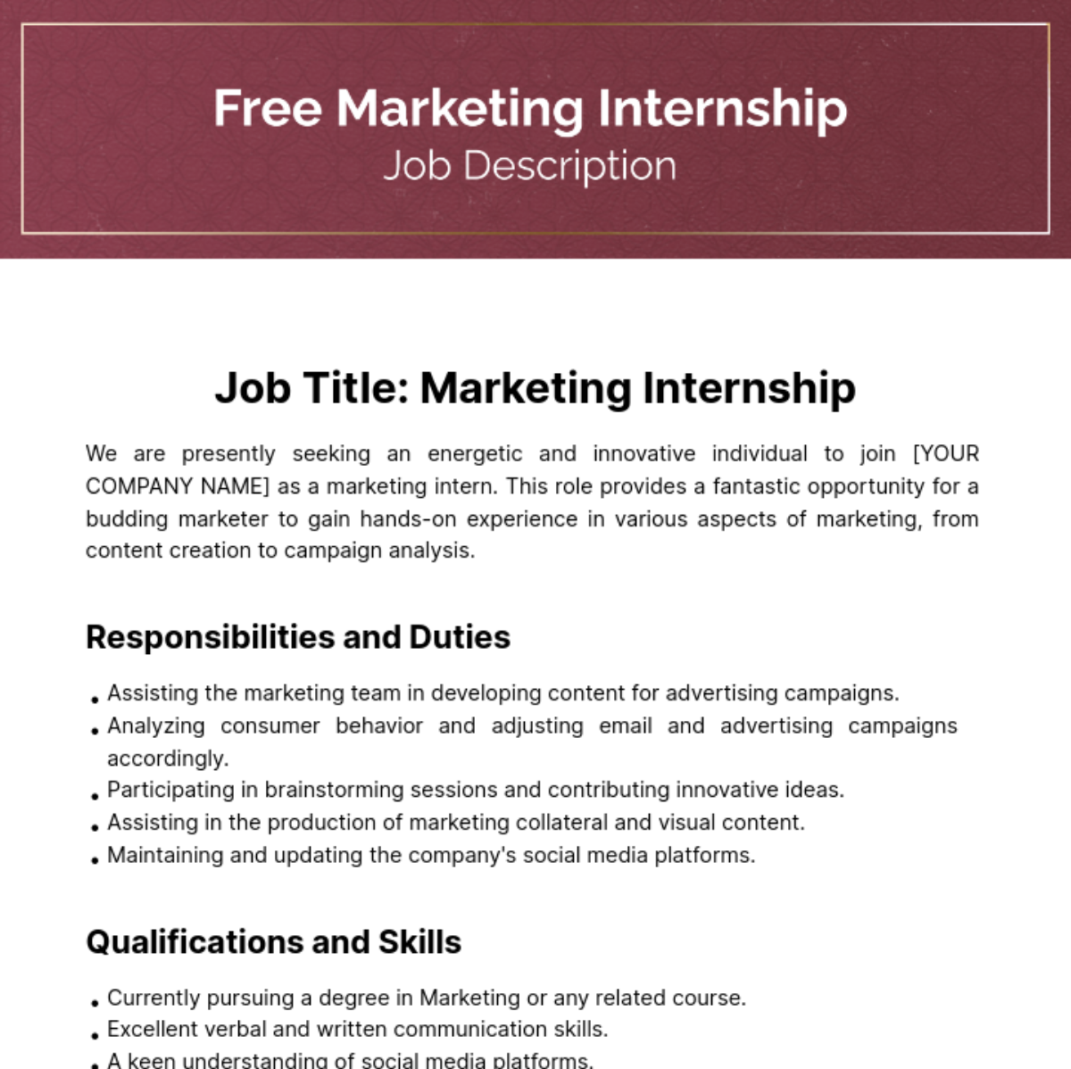 Free Marketing Internship Job Description Template To Edit Online