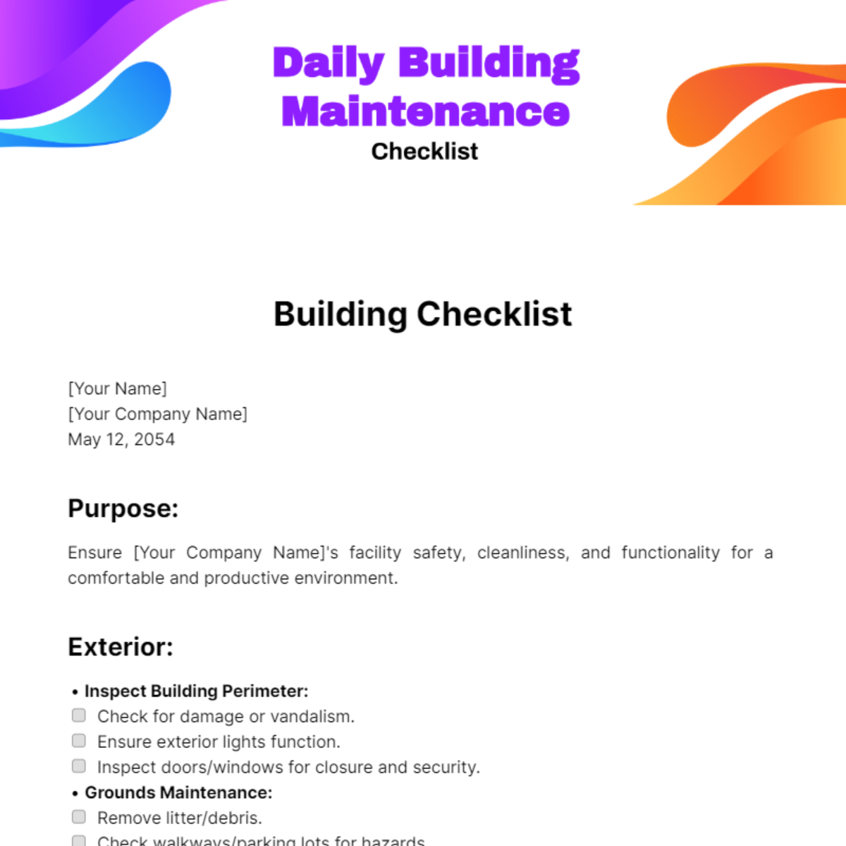 Free Building Checklist Templates Editable And Printable