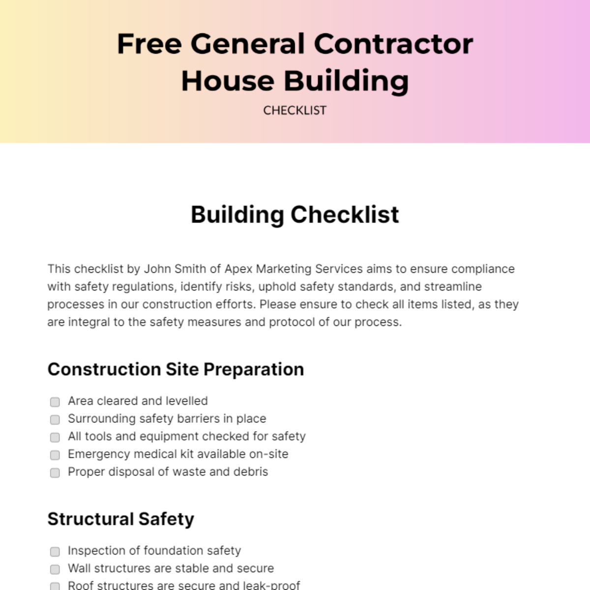 General Contractor House Building Checklist - Edit Online & Download ...