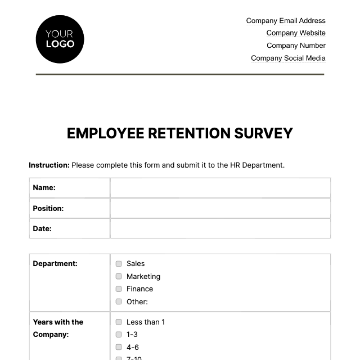 Free Employee Retention Survey HR Template Edit Online Download