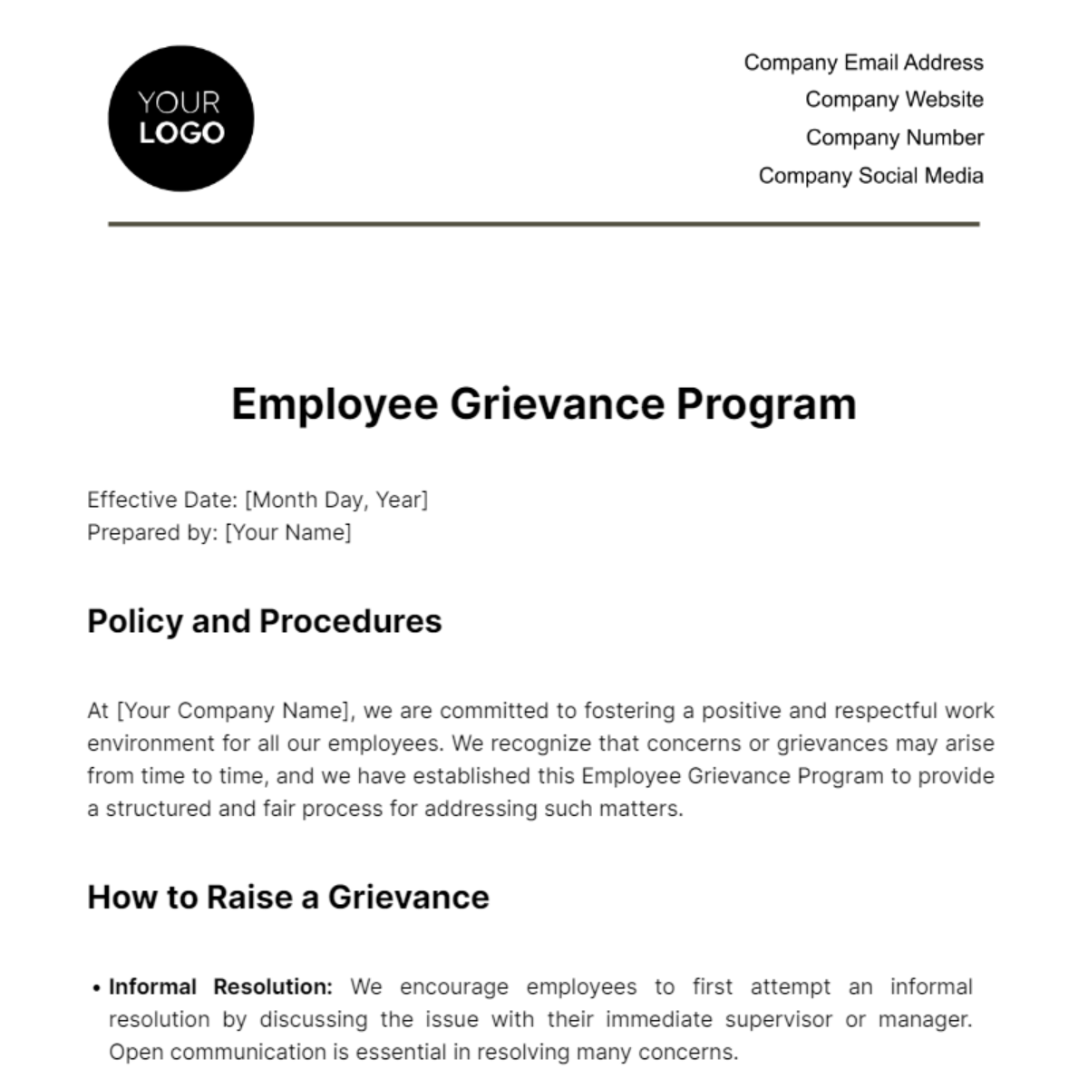 Employee Grievance Program HR Template - Edit Online & Download Example | Template.net