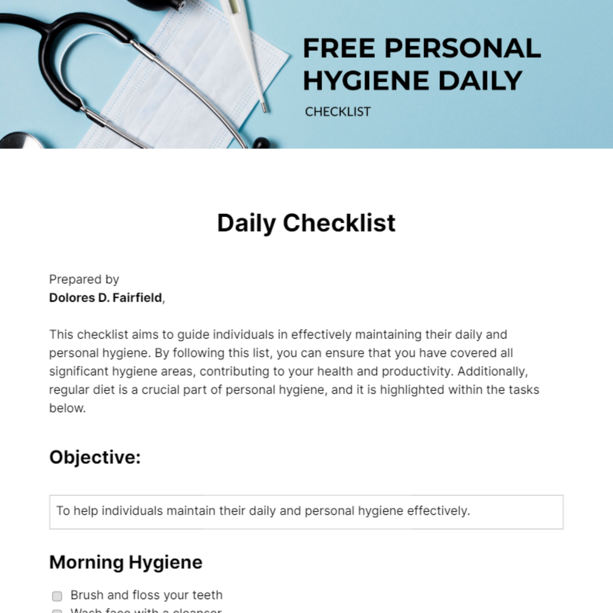 Personal Hygiene Daily Checklist - Edit Online & Download Example