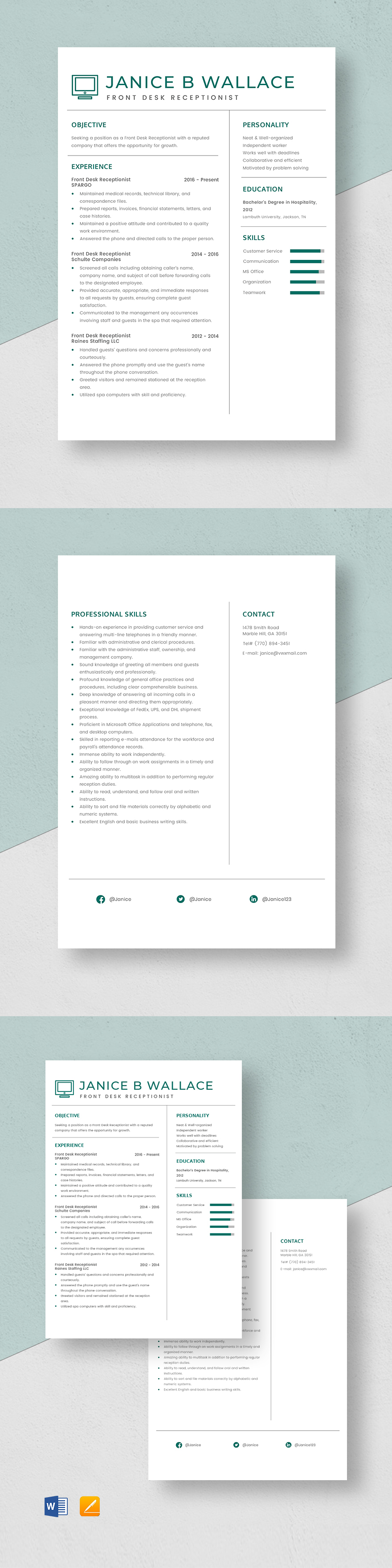 Basic Receptionist Resume Template - Illustrator, InDesign, Word, Apple ...