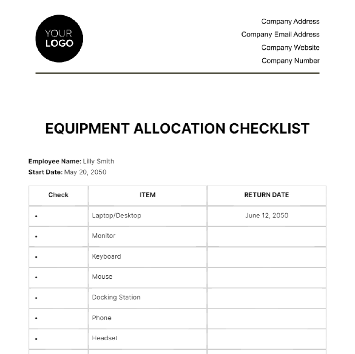Equipment Allocation Checklist HR Template - Edit Online & Download Example