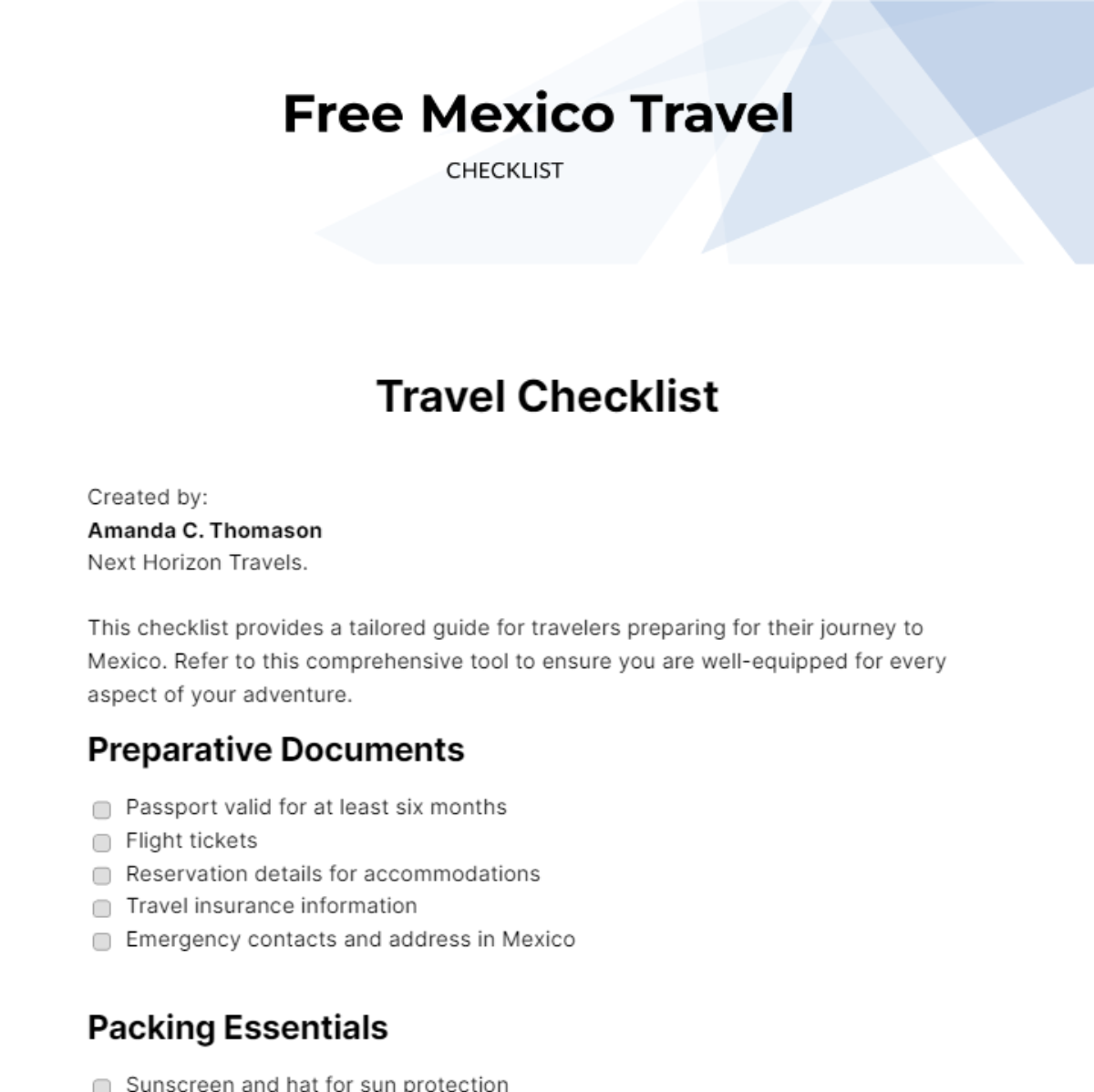 Free Mexico Travel Checklist - Edit Online & Download | Template.net