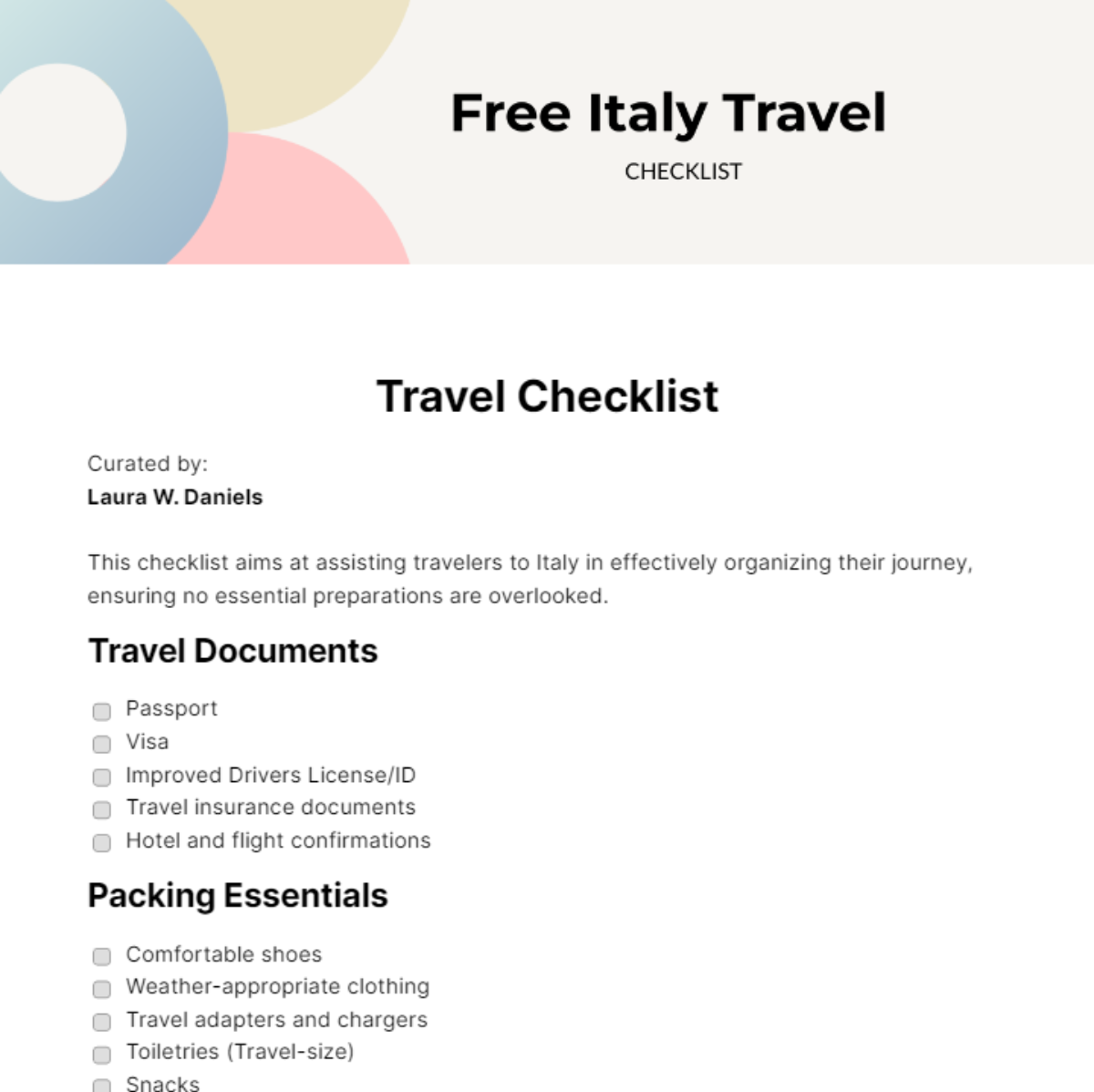Free Italy Travel Checklist - Edit Online & Download | Template.net