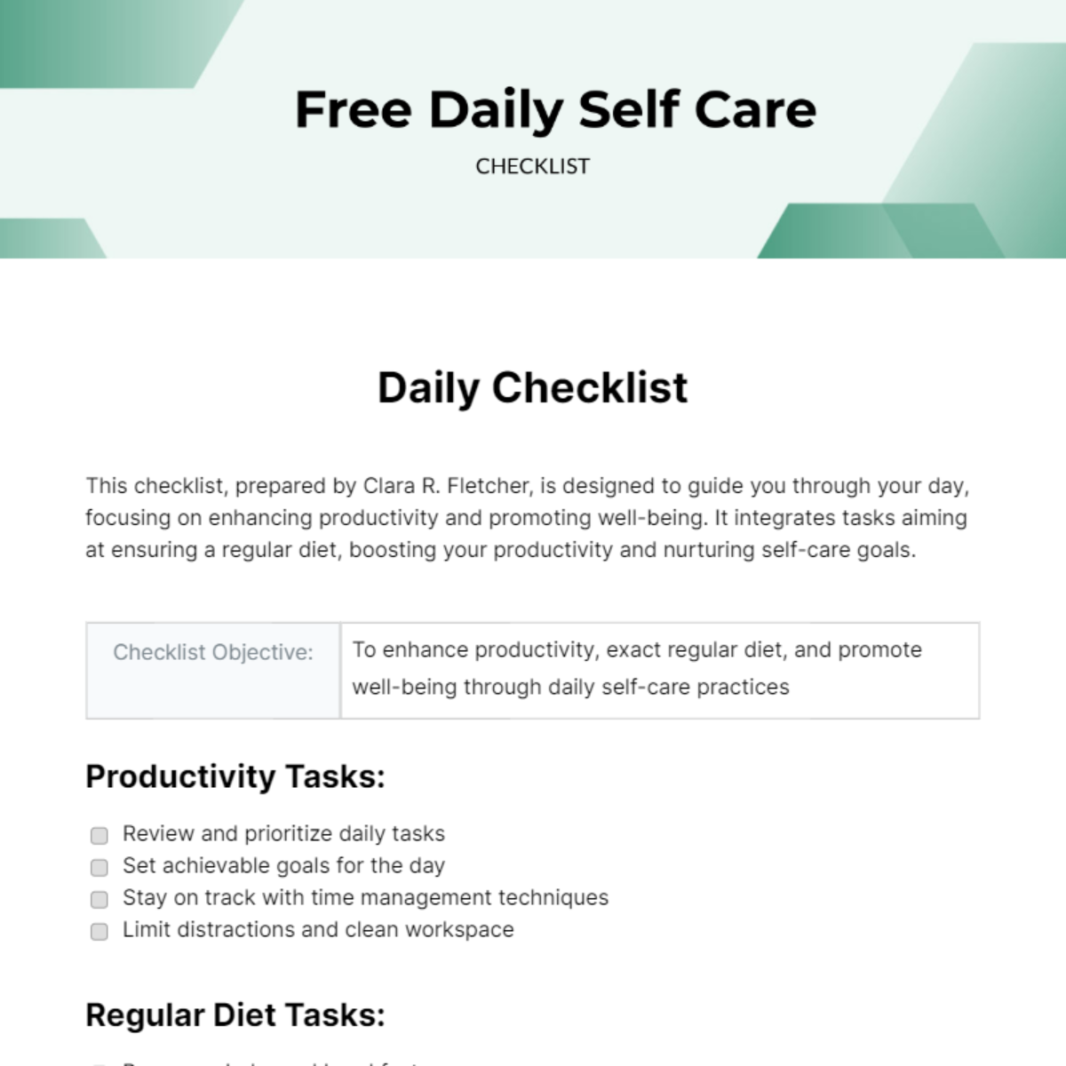 Daily Self Care Checklist - Edit Online & Download Example