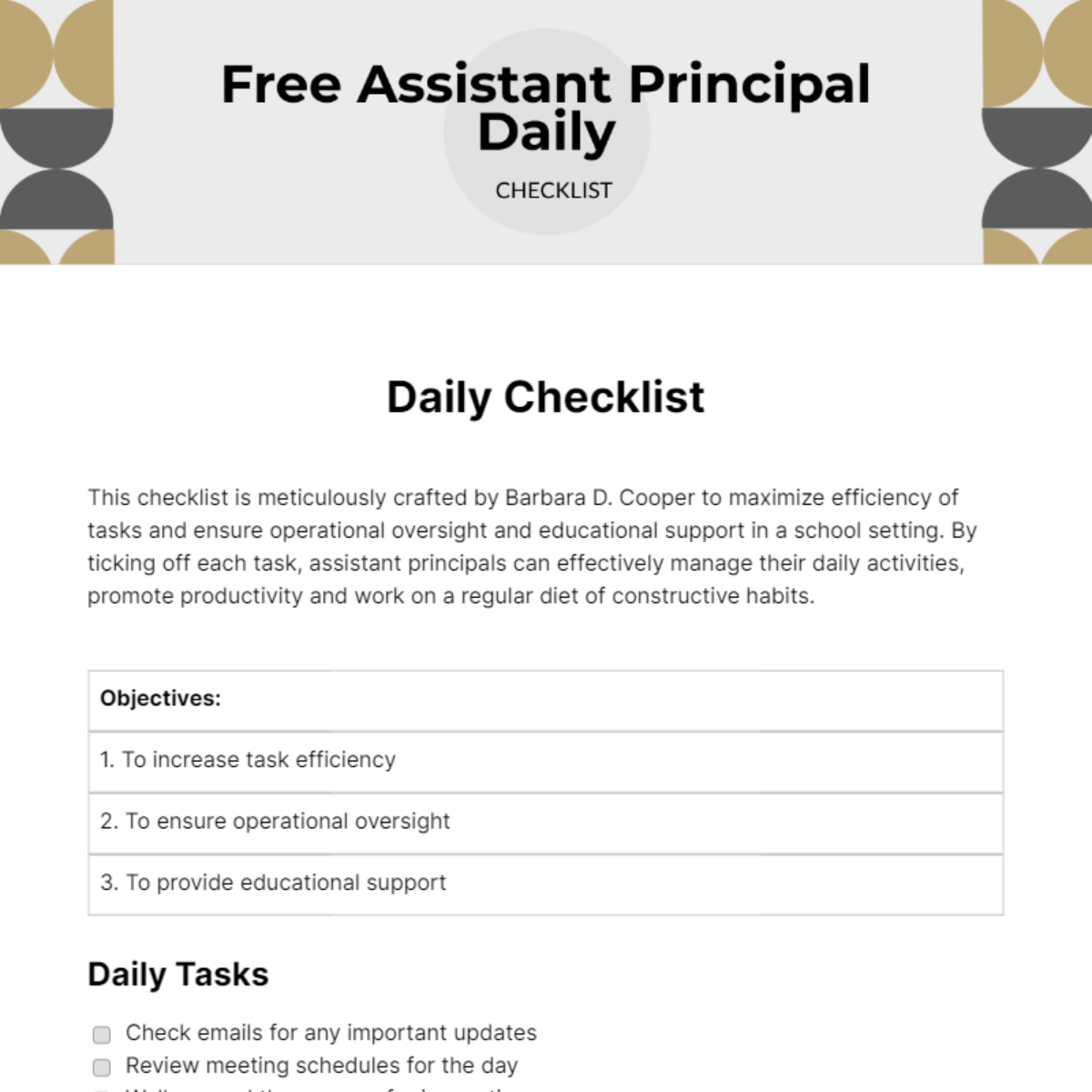 Assistant Principal Daily Checklist - Edit Online & Download Example