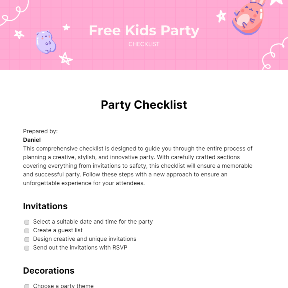 Kids Party Checklist Template - Edit Online & Download Example ...