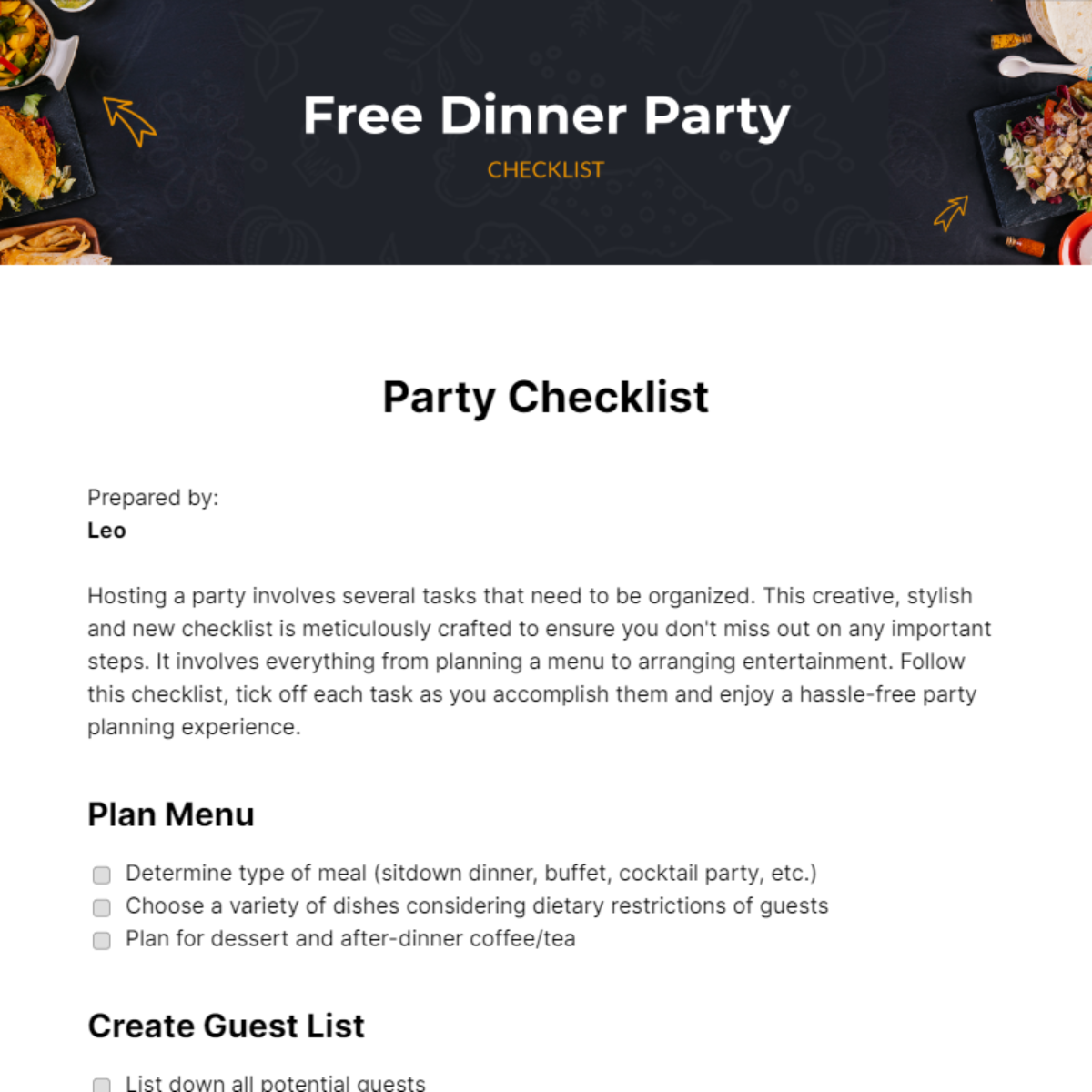 Free Dinner Party Checklist - Edit Online & Download | Template.net
