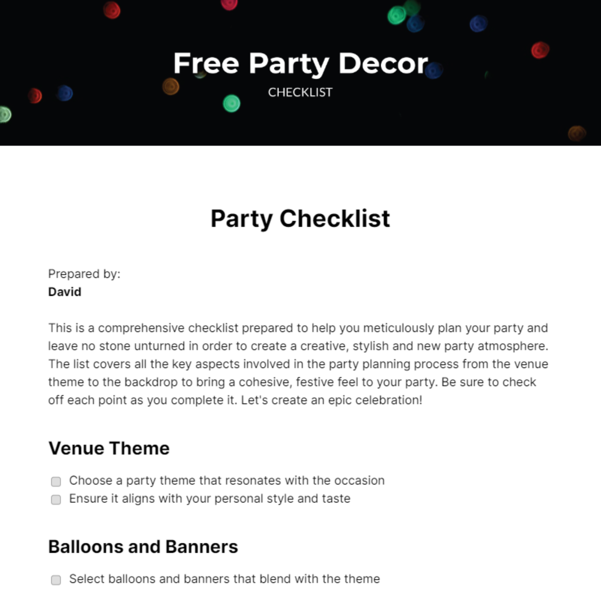 Free Party Decor Checklist - Edit Online & Download | Template.net