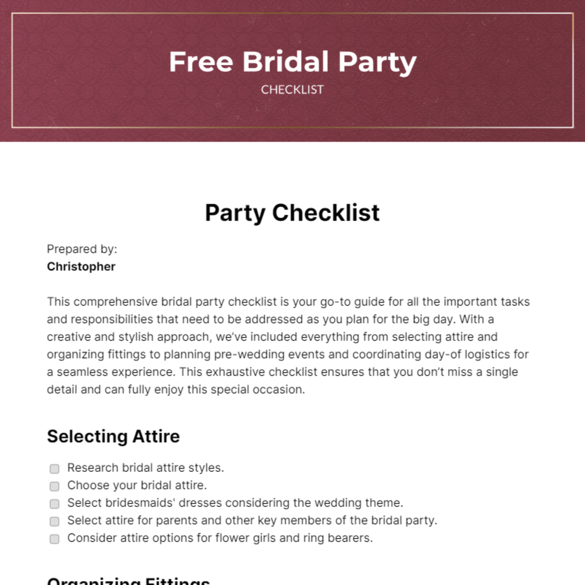 Bridal Party Checklist Template - Edit Online & Download Example ...