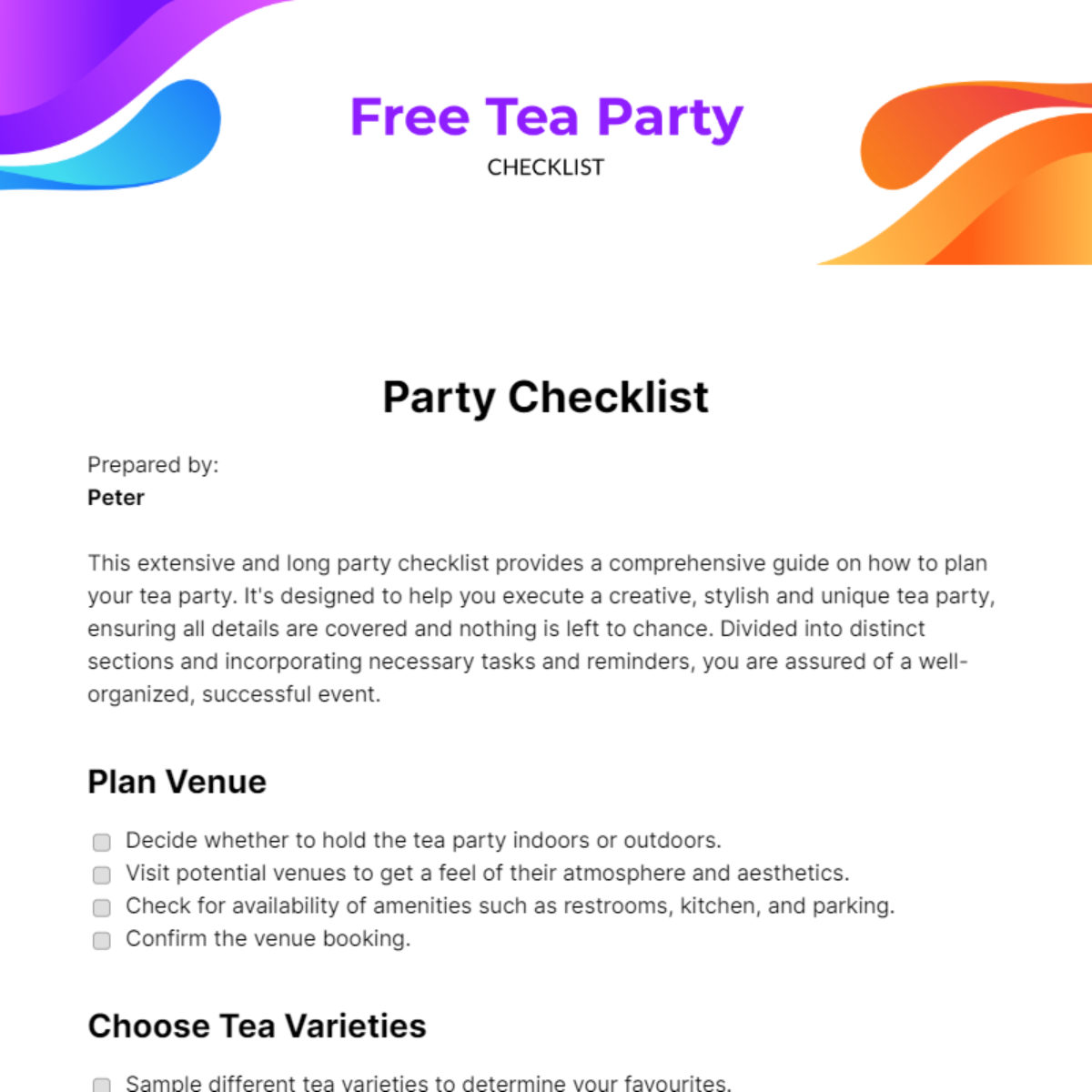 Free Tea Party Checklist - Edit Online & Download | Template.net