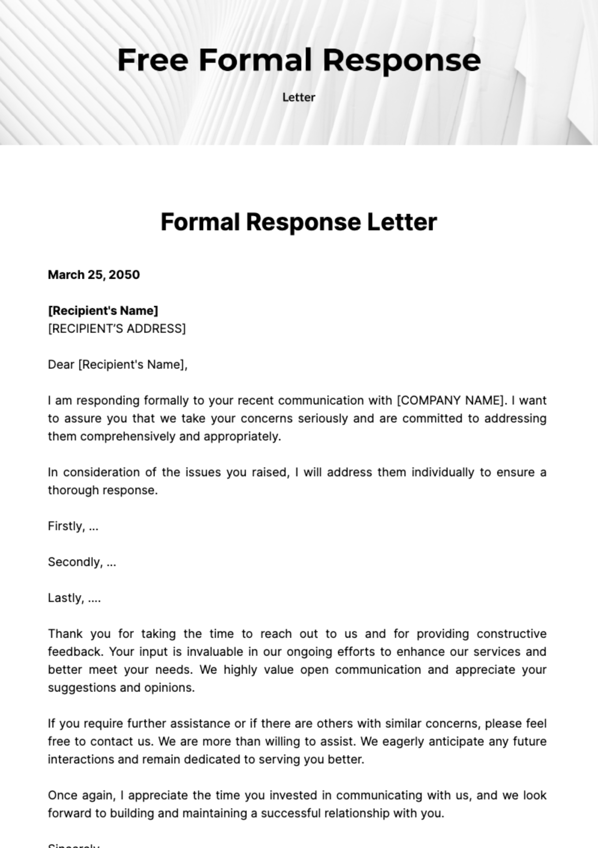 Free Formal Response Letter Template To Edit Online