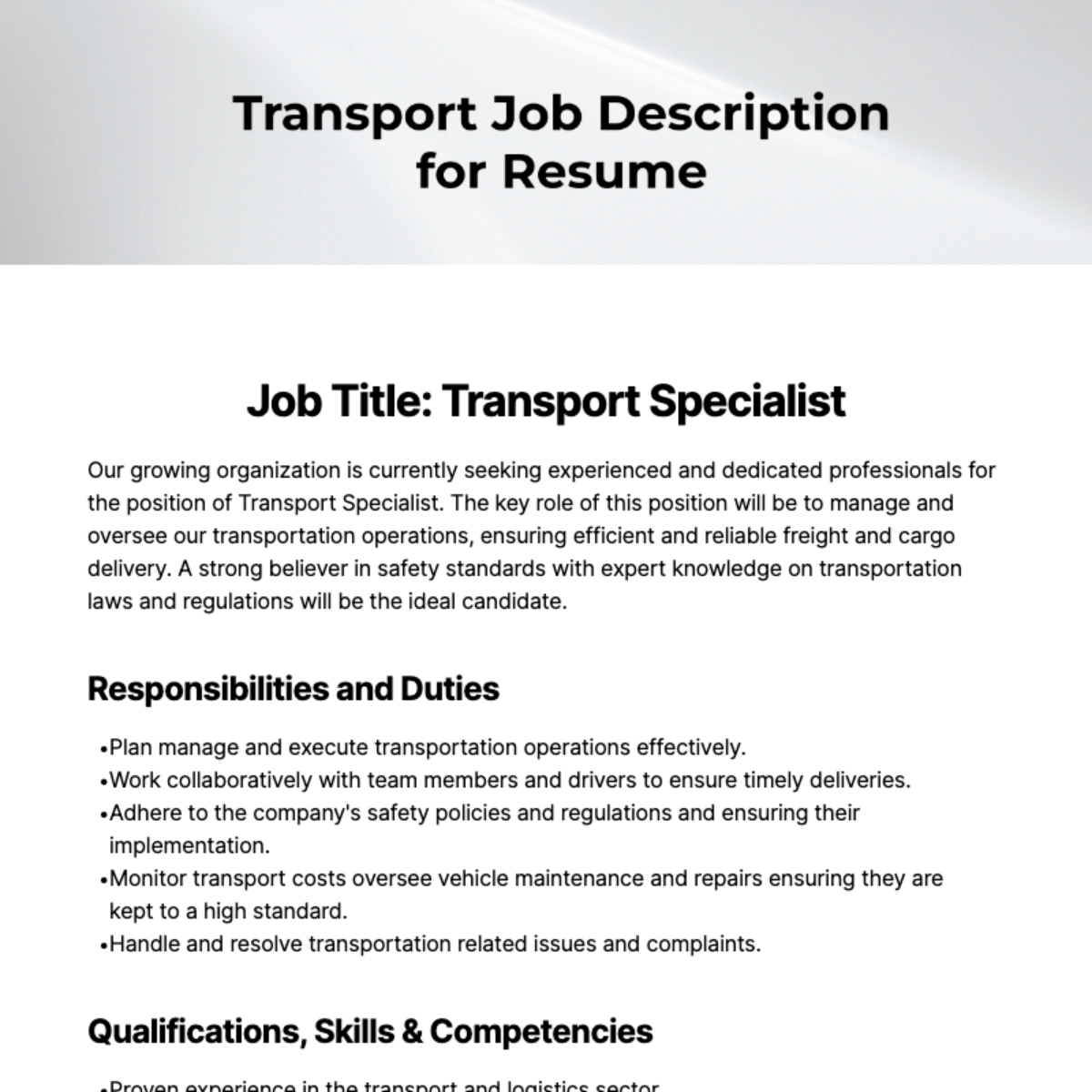 Free Transport Job Description For Resume Template To Edit Online