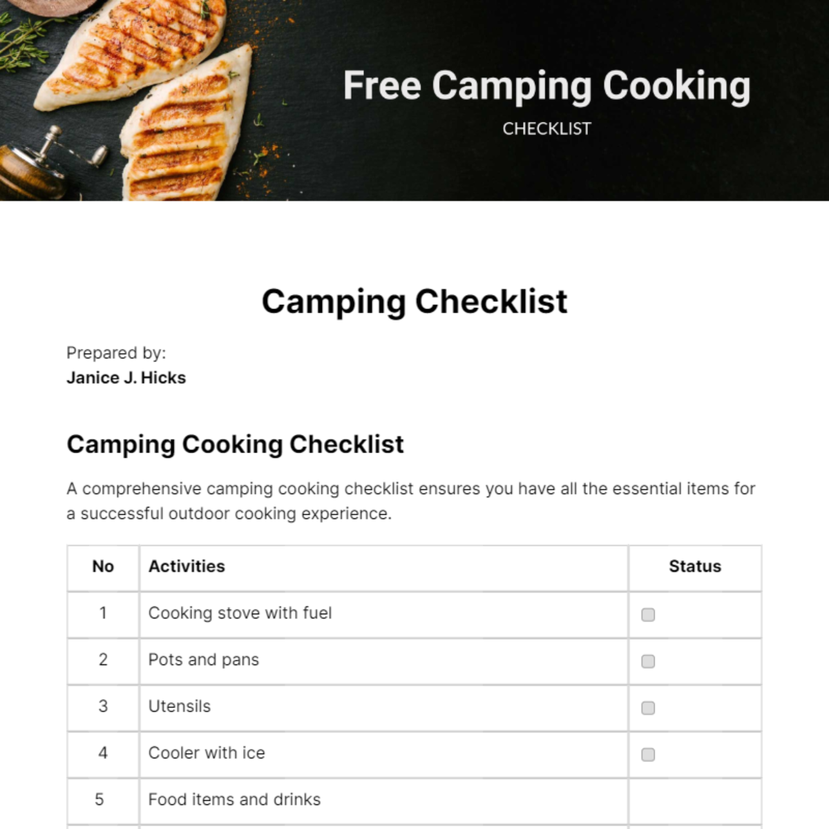 Camping Cooking Checklist Template - Edit Online & Download Example ...