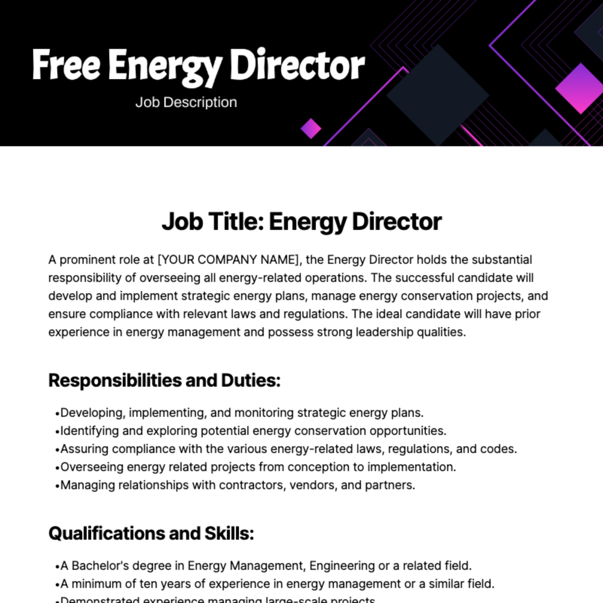 Free Energy Director Job Description Template To Edit Online