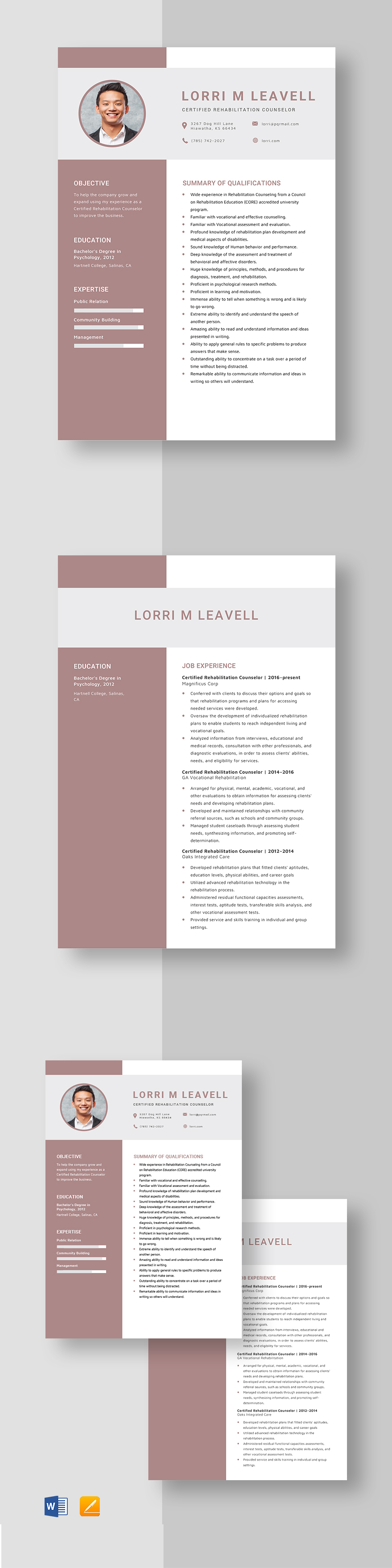 Certified Rehabilitation Counselor Resume Template - Word, Apple Pages ...